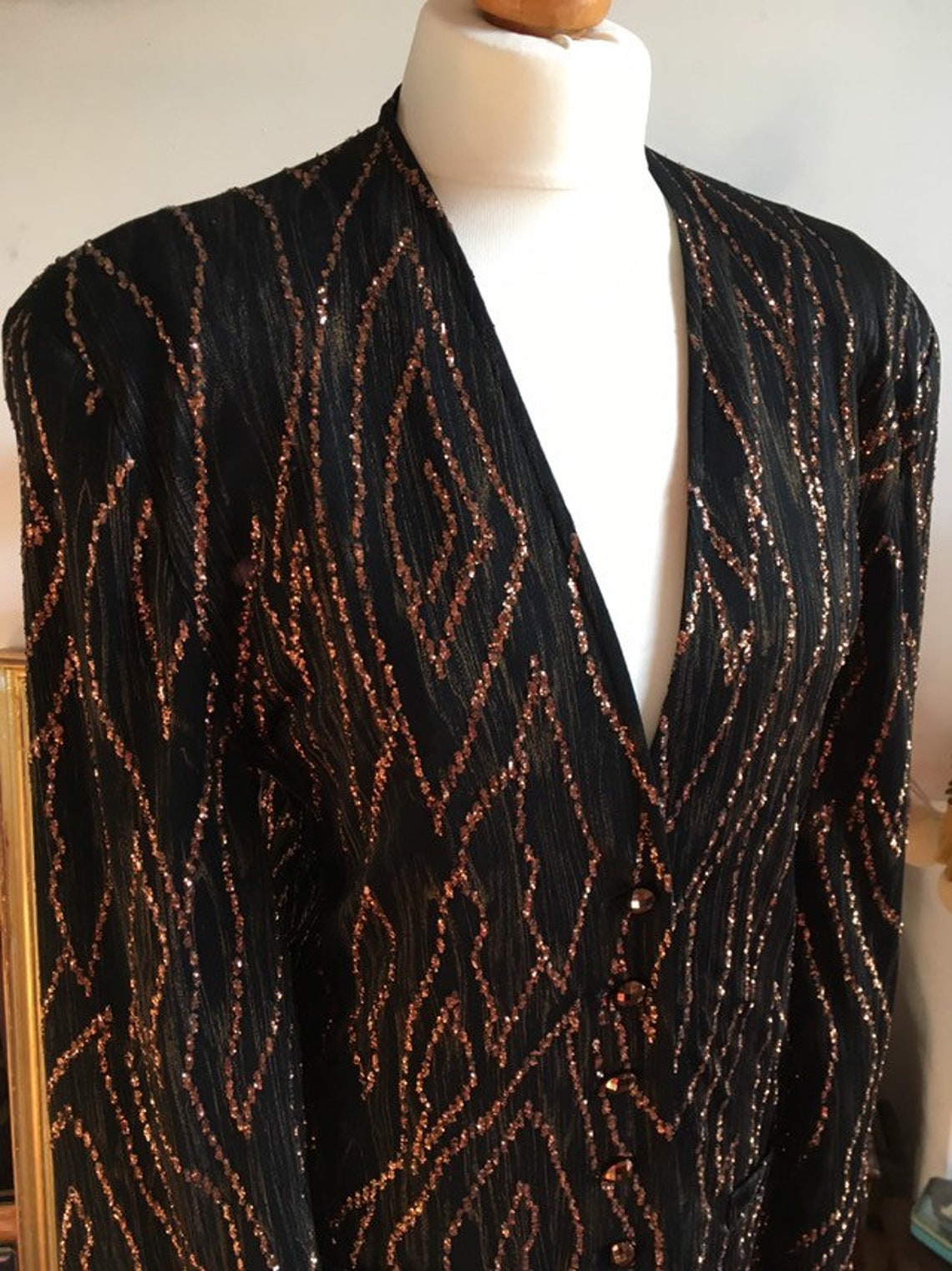 Vintage 1980s Jaeger Black and Bronze Sparkling Evening Jacket-approx ...
