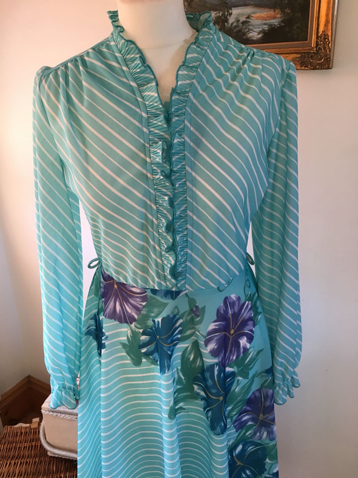 Early 1980s Light Blue Day Dress With Bold Pattern and Ruffle - Etsy