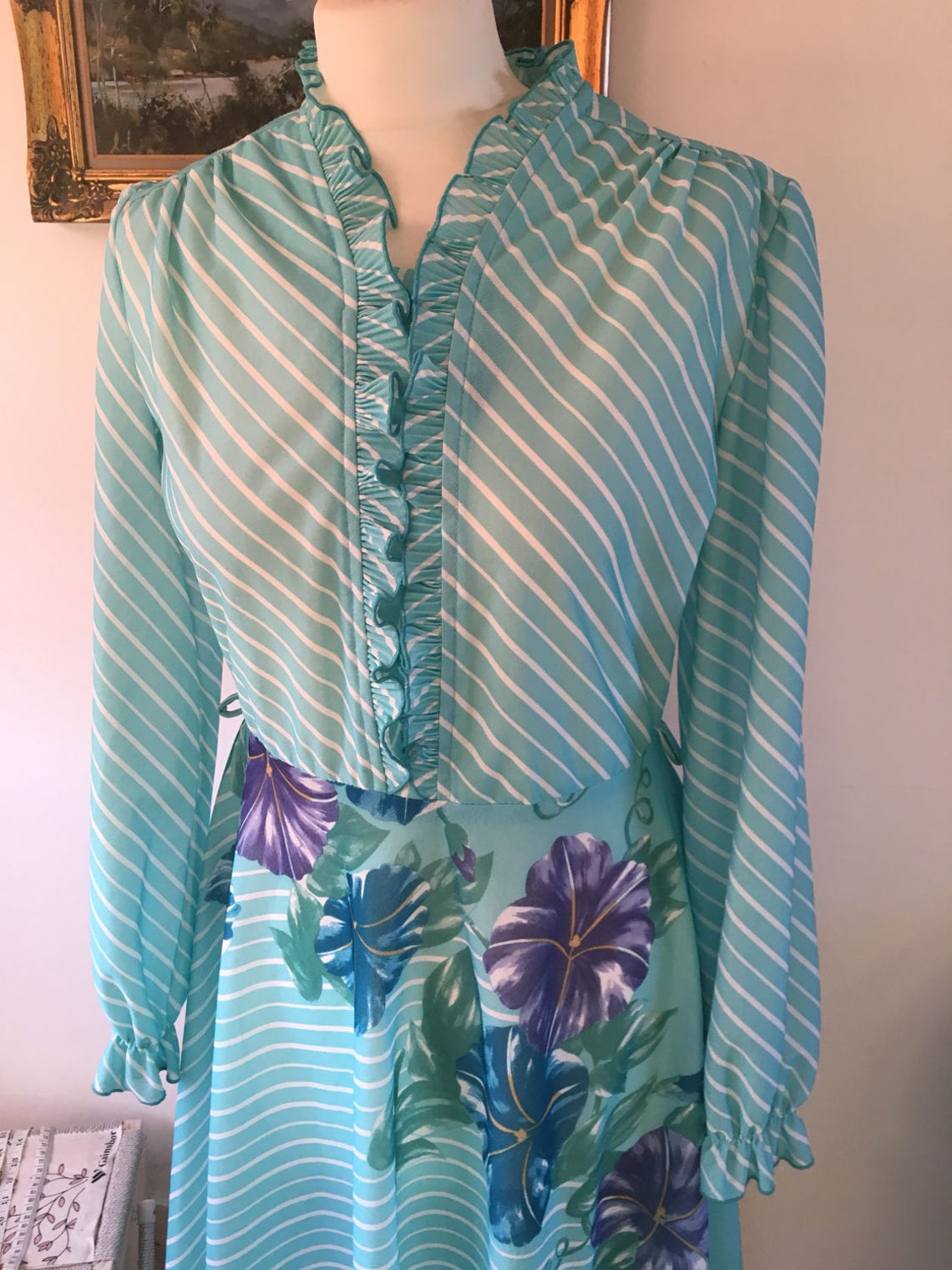 Early 1980s Light Blue Day Dress With Bold Pattern and Ruffle - Etsy