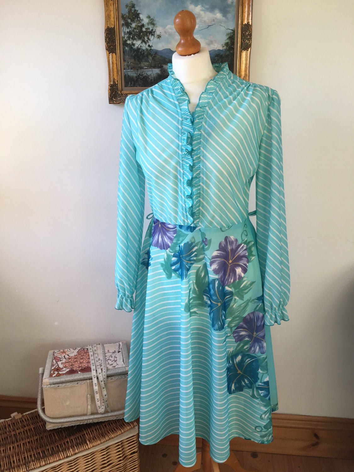 Early 1980s Light Blue Day Dress With Bold Pattern and Ruffle Collar ...