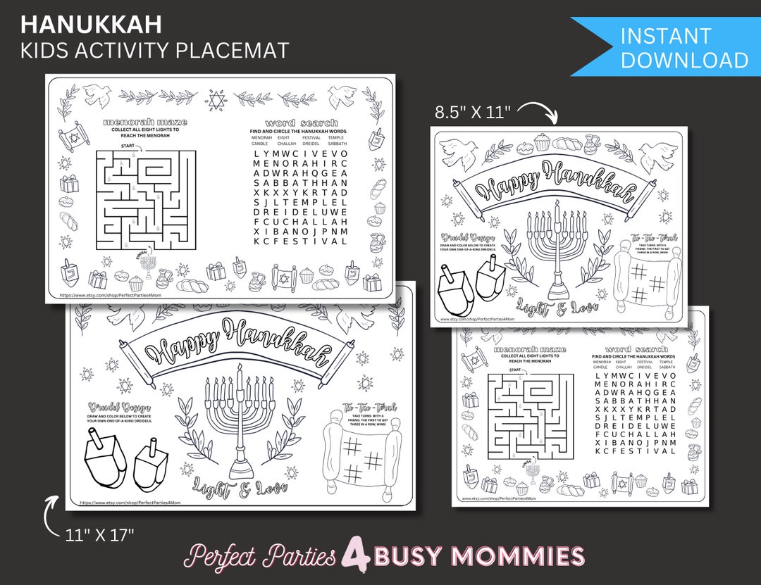 Hanukkah Activity Placemat for Kids. Printable Hanukkah Coloring Page ...
