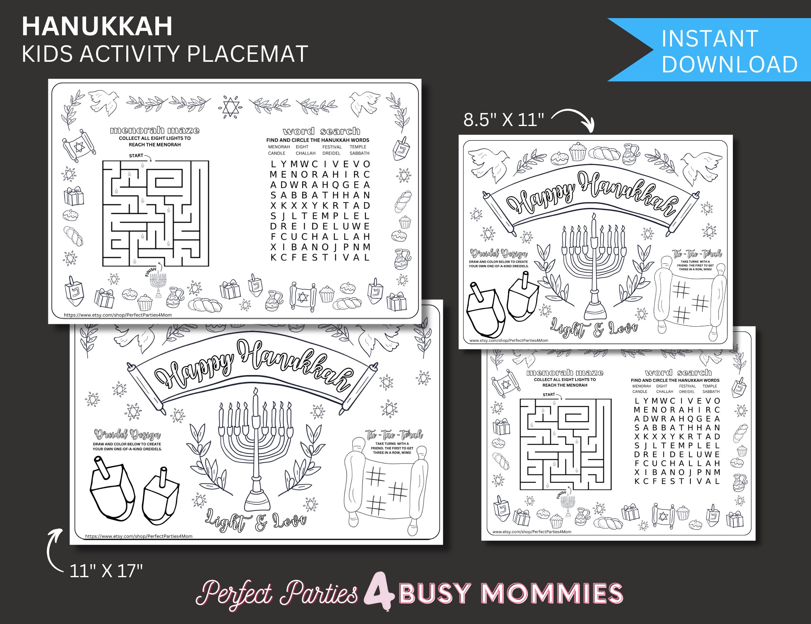 Hanukkah Activity Placemat for Kids. Printable Hanukkah Coloring Page ...