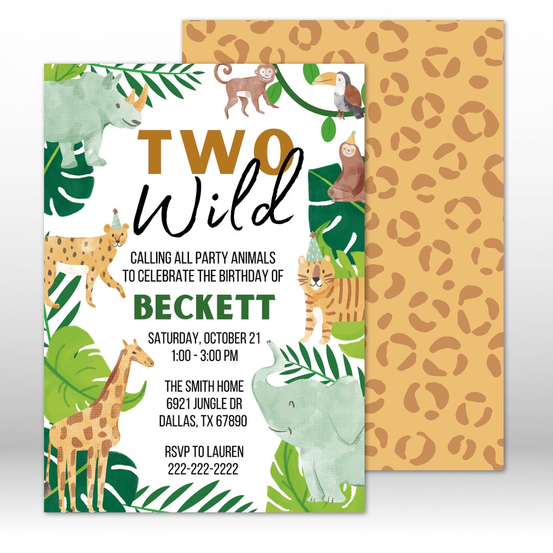 Two Wild Kids Birthday Party Invitation. Wild Animal Party Invitation ...