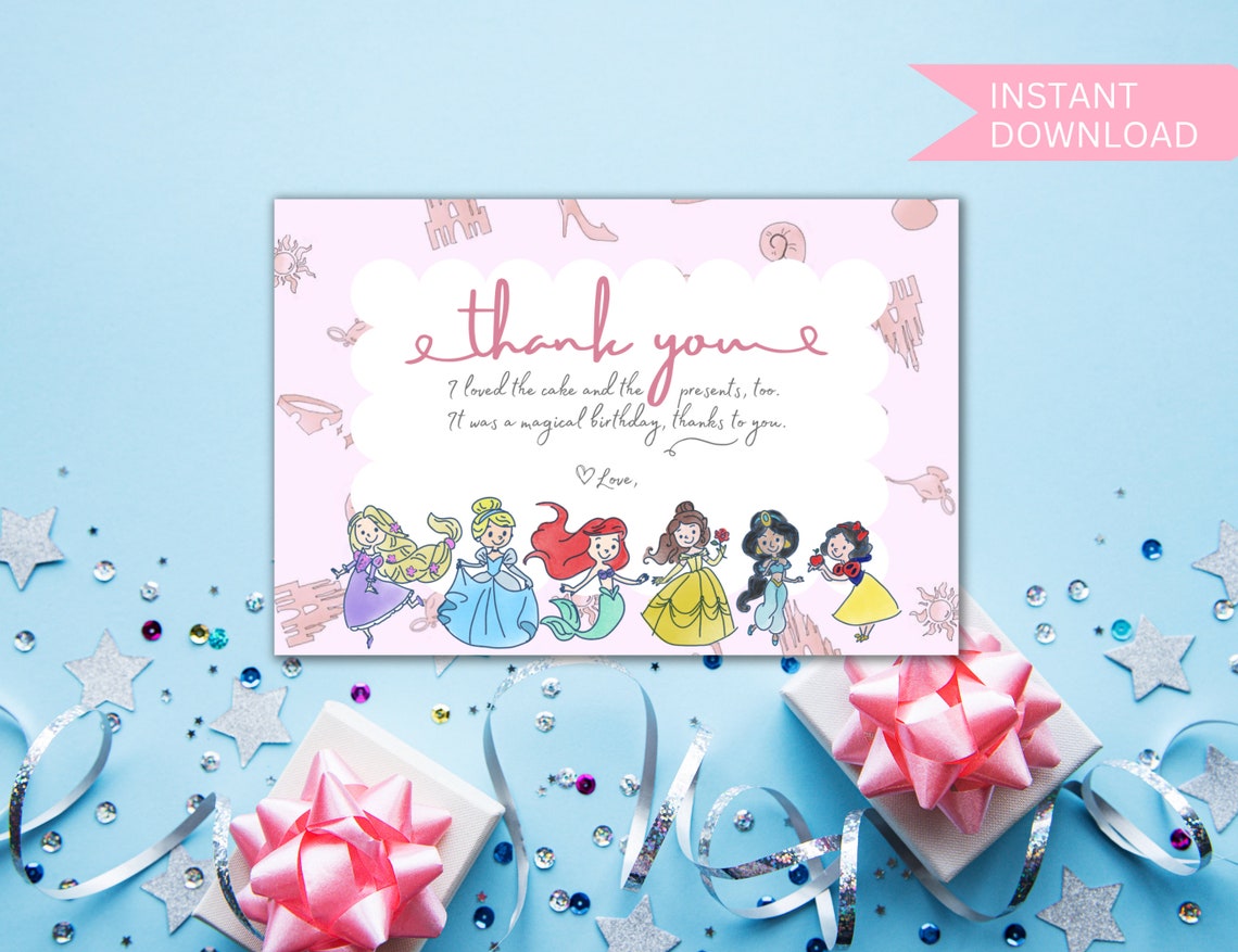 Princess Party Thank You Notecard. Instant Download. Printable Princess ...