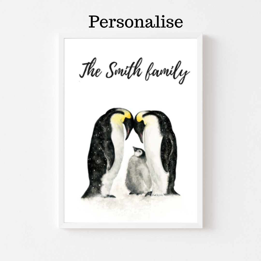 Penguin Family Print, Personalised Gift, Custom Print, Penguin Art ...