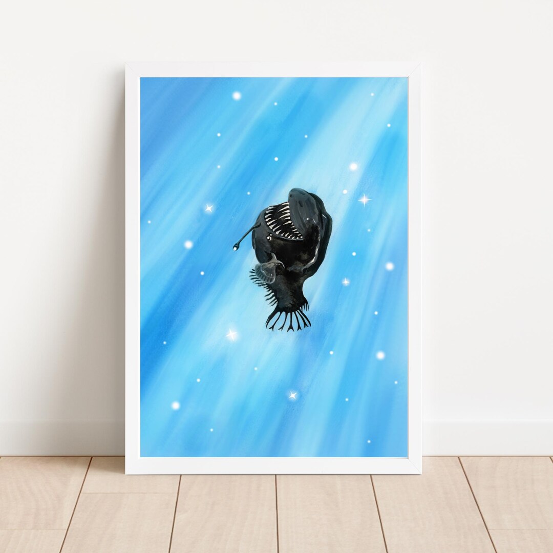 Angler Fish Print, Anglerfish Wall Art, Angler Fish Watercolour, Black ...