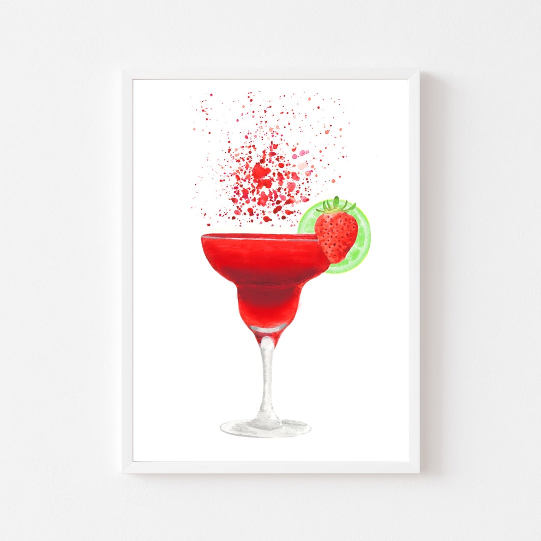 Cocktail Art Print, Strawberry Dacquiri Art, Red Cocktail Painting, Bar ...