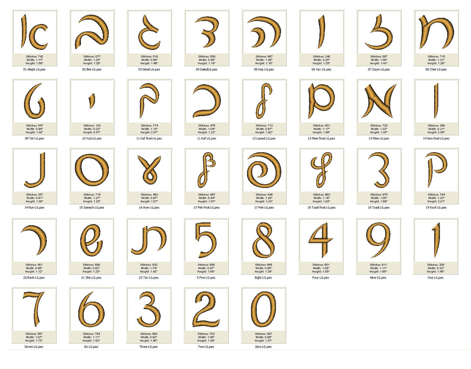 Machine Embroidery Hebrew Font - Ktav Yad (hand Writing) - 3 Sizes in 9 ...