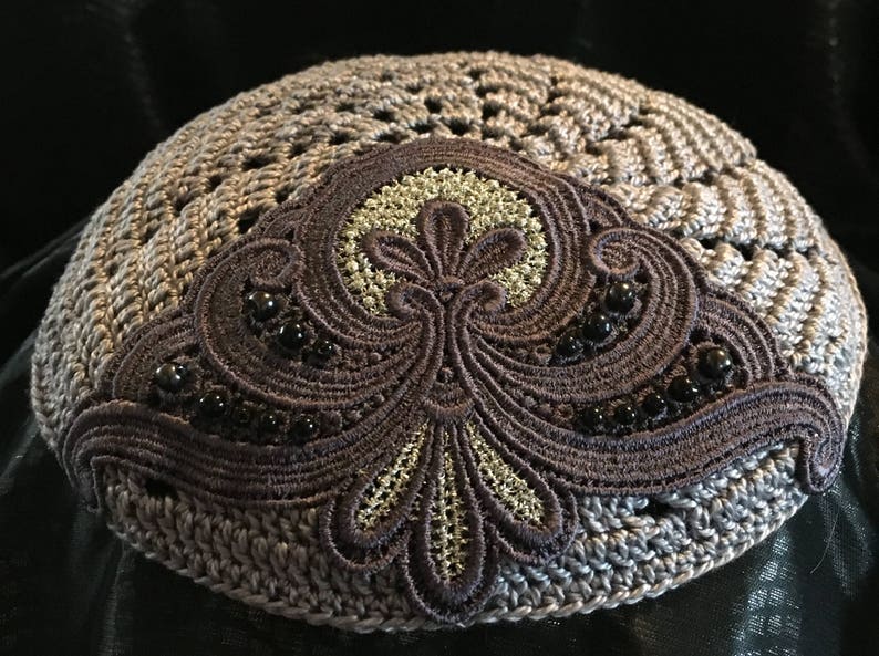 Grey Handmade Kippah yarmulka With Regal Applique and Black Pearl ...