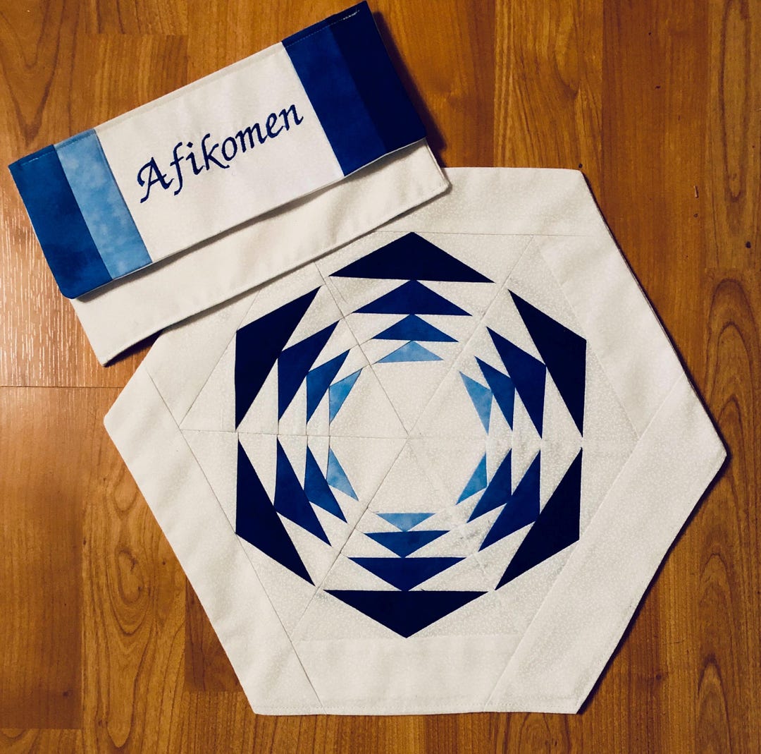 Hexagonal Shades of Blue Matzah Cover and Afikomen Bag Set for Passover ...