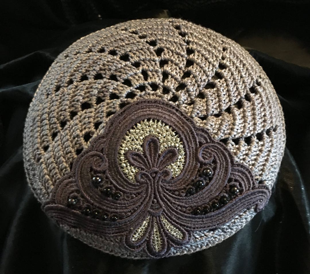 Grey Handmade Kippah (yarmulka) With Regal Applique and Black Pearl ...