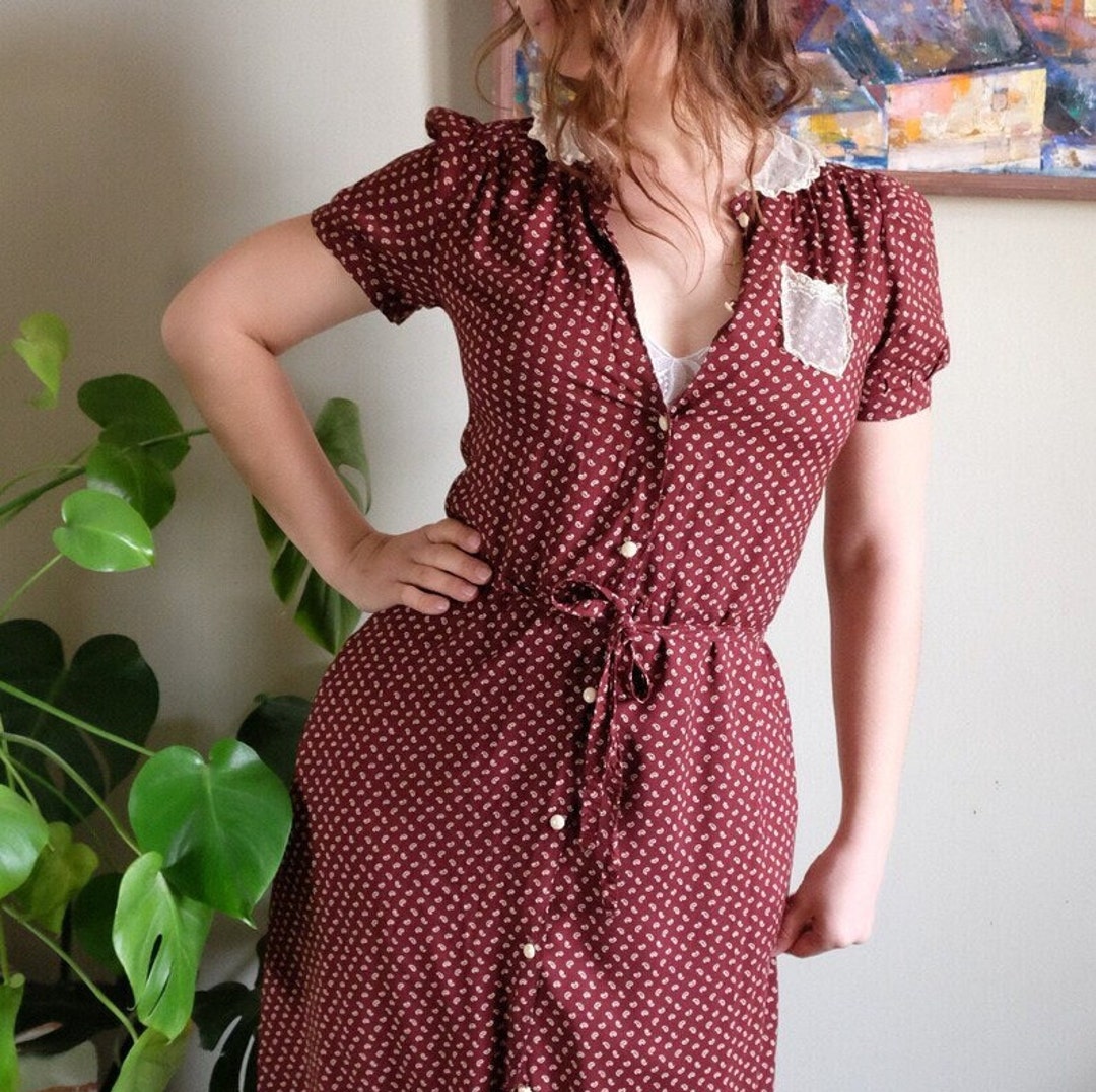 Vintage 70s Burgundy Red Dress With Paisley Print Short Sleeve 30s ...