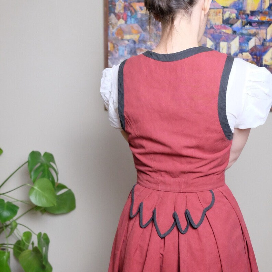 Vintage 30s 40s Dirndl Dress Deep Red Corset Bavarian Dress Sleeveless ...