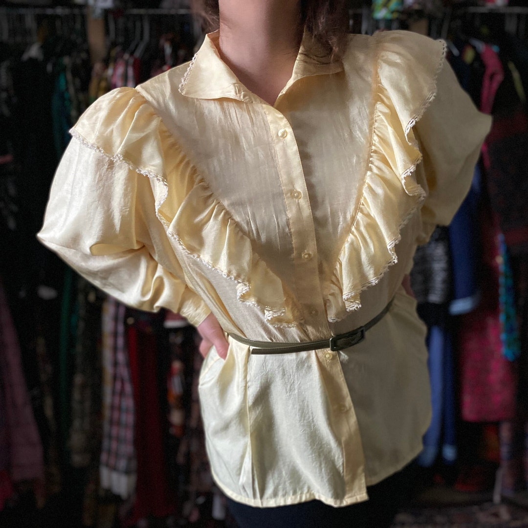 Marco Pecci Couture 80s Vintage Pastel Yellow Ruffled Blouse Long ...