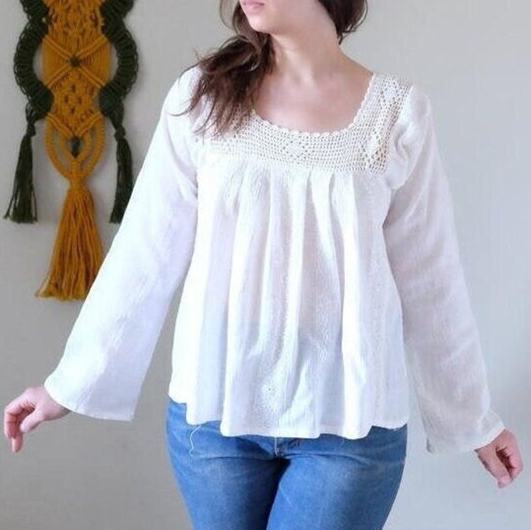 Vintage 70s White Croched Crinkle Blouse Long Sleeve Boho Blouse Xsmall ...