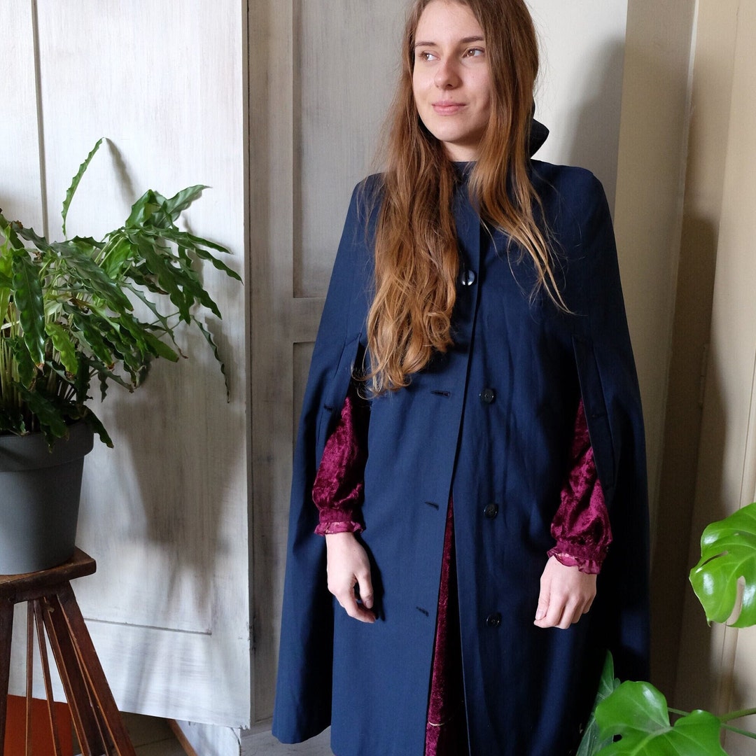 Vintage 60s 70s Navy Blue Cape With Red Wool Lining Trench Cape With ...