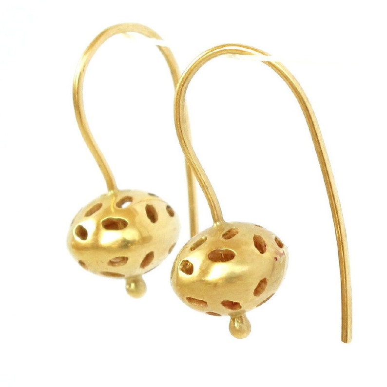 14k Gold Ball Earrings - Solid Gold Drop Earrings - Perforated Sphere ...