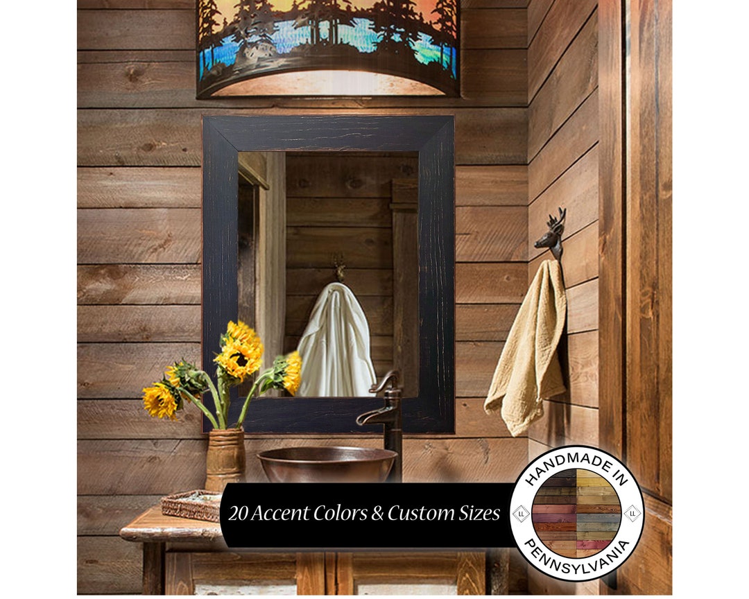 Western Rustic Wood Framed Mirror With Distressed Black Finish and ...