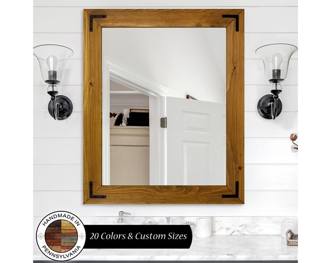 RUSTIC DISTRESSED Mirror With Black Corner Brackets, Farmhouse Mirror ...