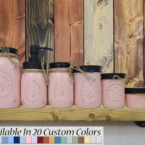 Rustic Farmhouse Decor Bathroom Set Painted Mason Jar Sets - Etsy
