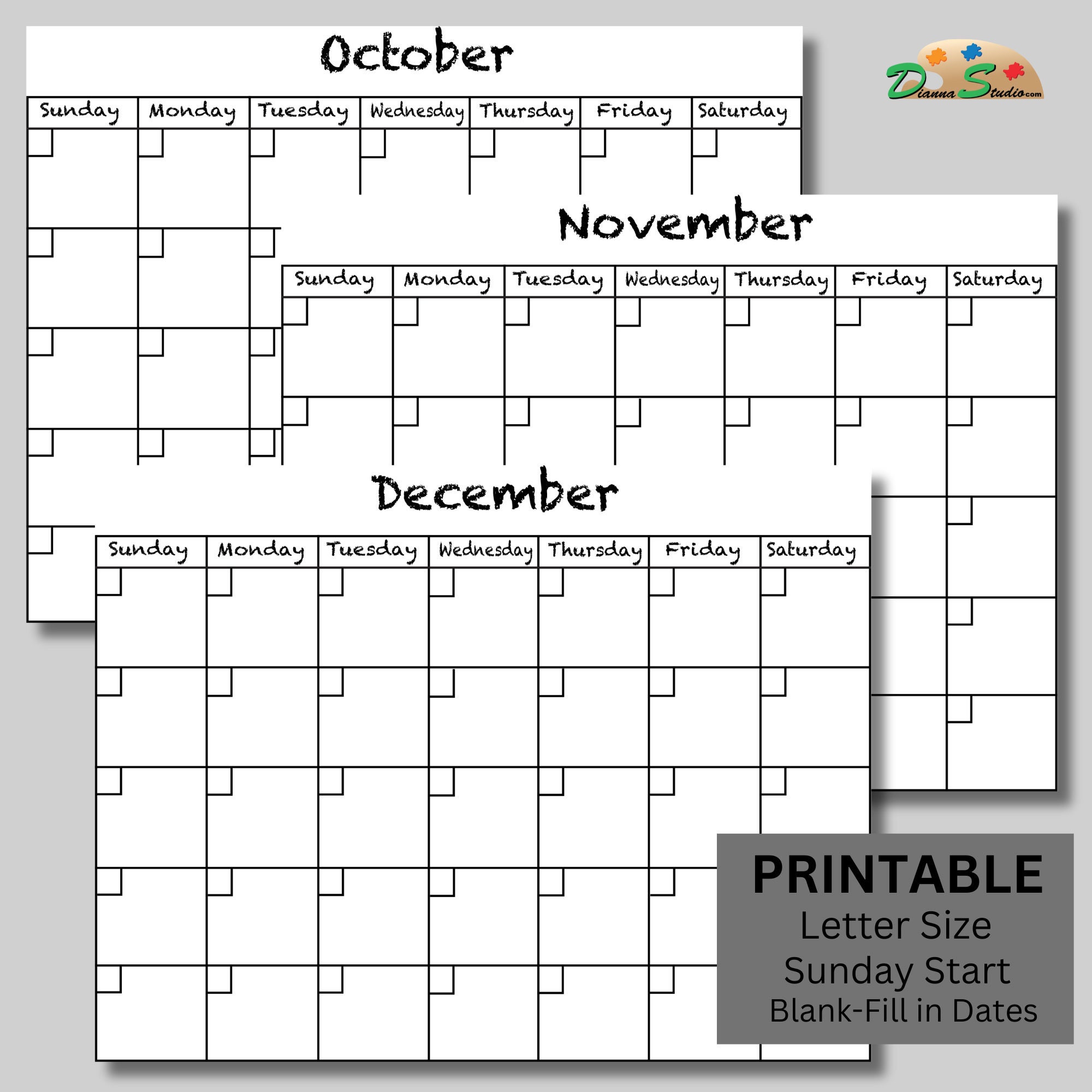 Printable Monthly Calendars, Twelve Months, Landscape, Full Set, Sunday ...