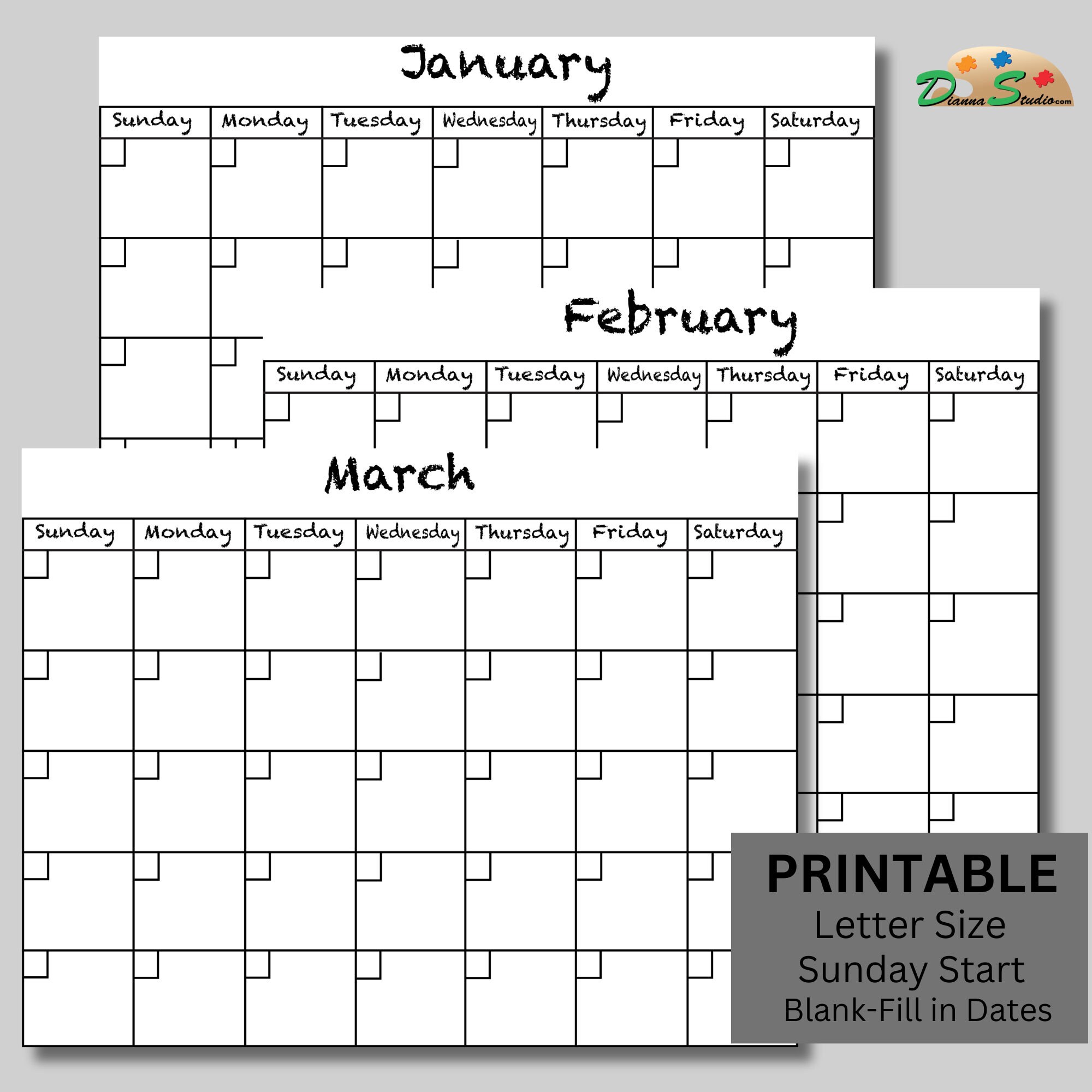 Printable Monthly Calendars, Twelve Months, Landscape, Full Set, Sunday ...