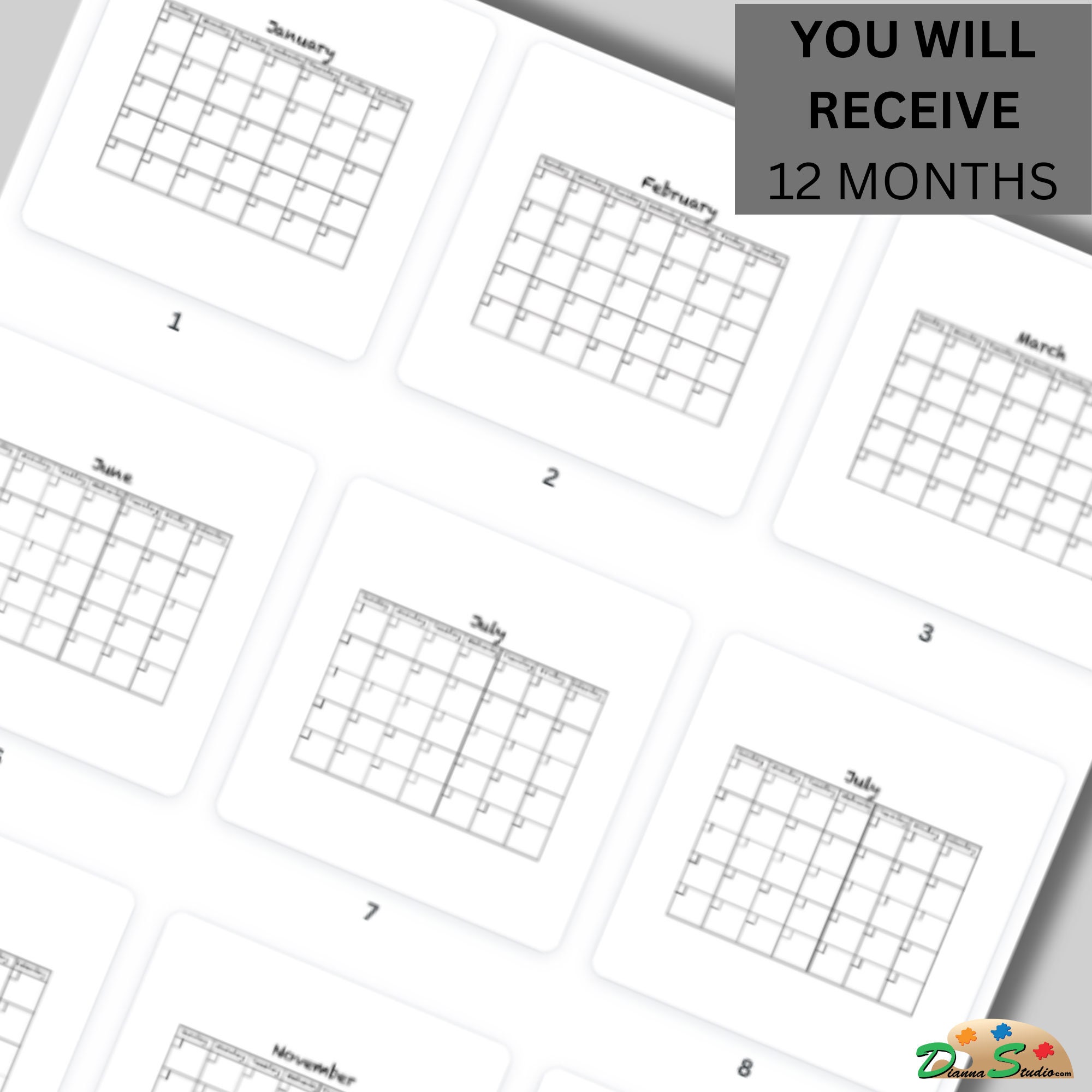 Printable Monthly Calendars, Twelve Months, Landscape, Full Set, Sunday ...