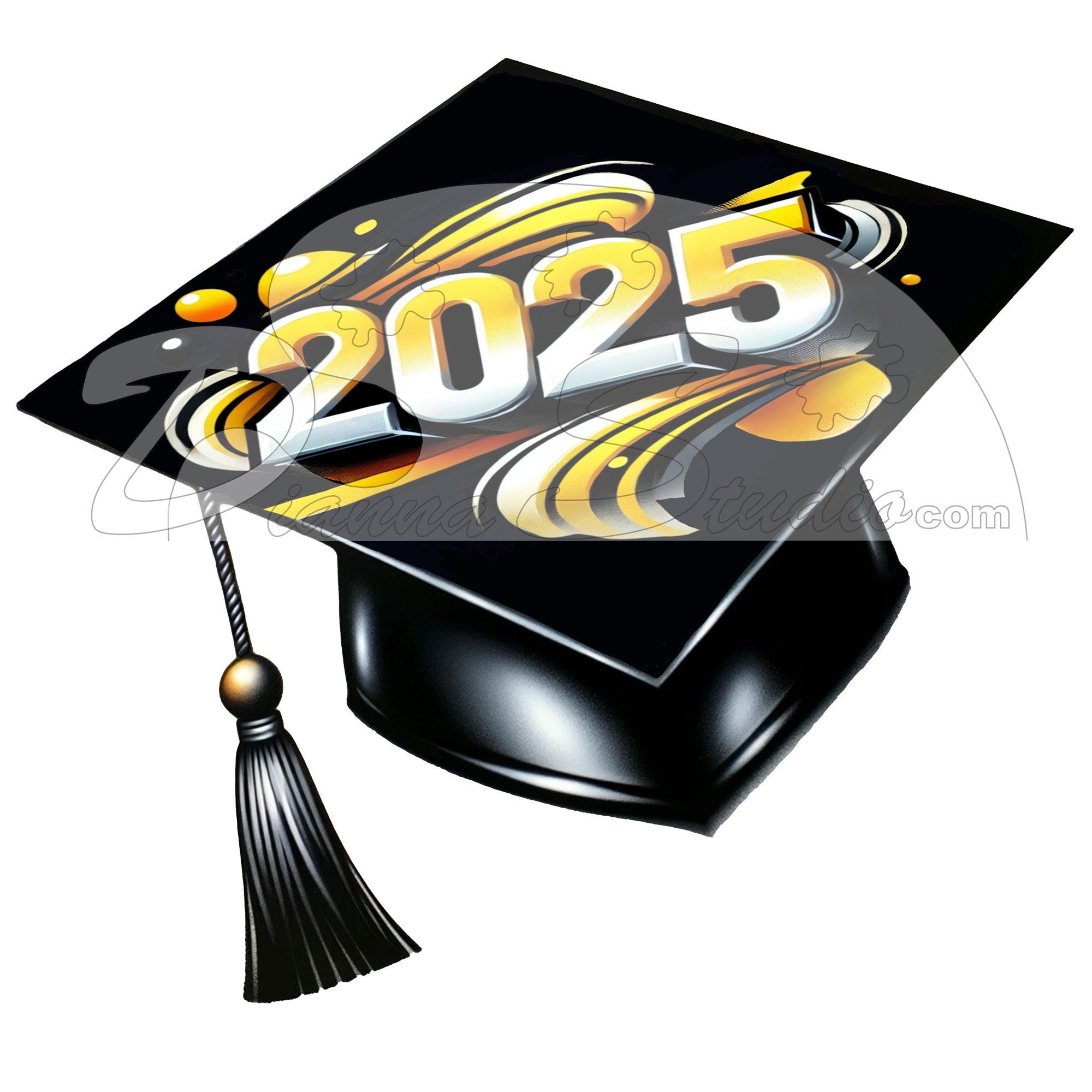 Graduation Cap, 2025, High School, College Achievement, Gold, White ...