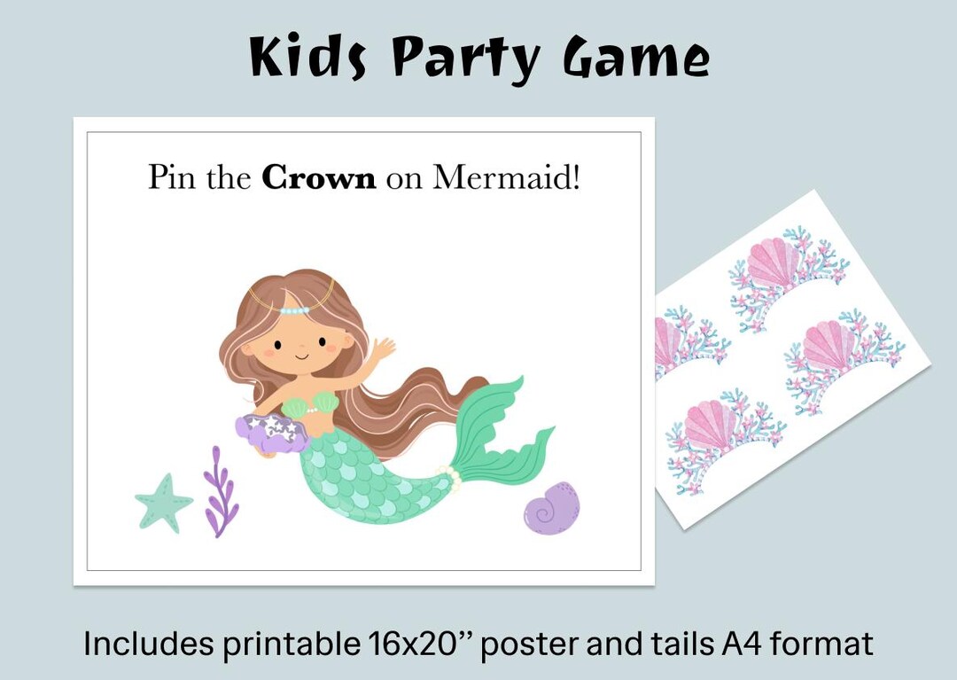Pin the Crown on Mermaid Kids Party Game Printable Poster, Birthday ...