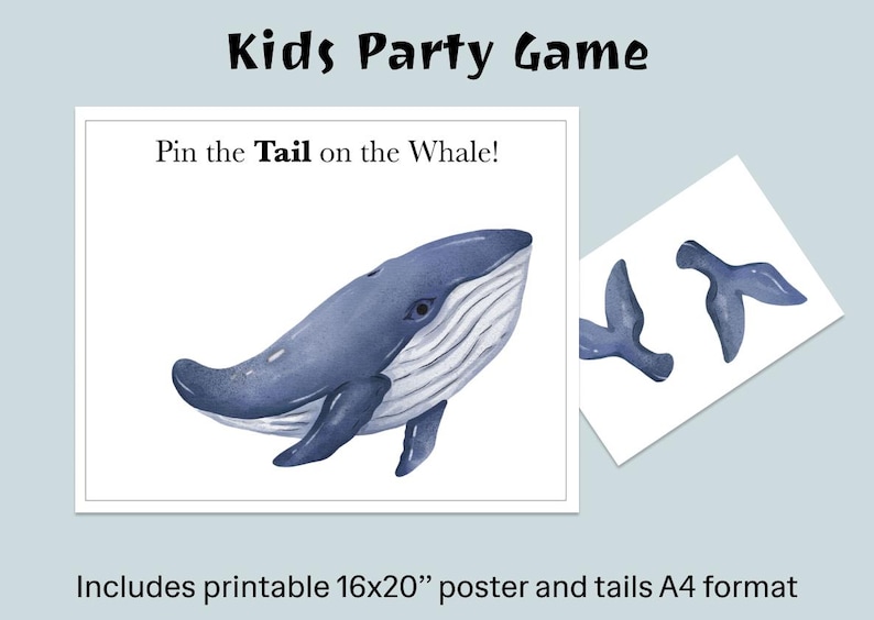 Pin the Tail on the Whale Kids Party Game Printable Poster, Birthday ...
