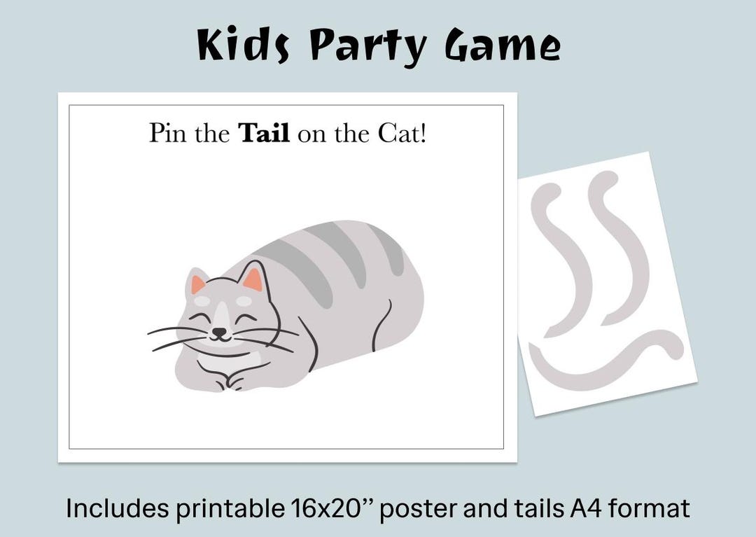 Pin the Tail on Cat Kids Party Game Printable Poster, Birthday Party ...
