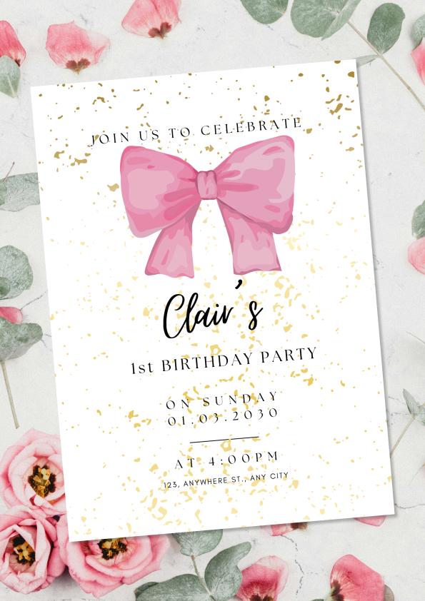 Birthday Digital Invitation Template With Pink Bow Girls Birthday Party ...