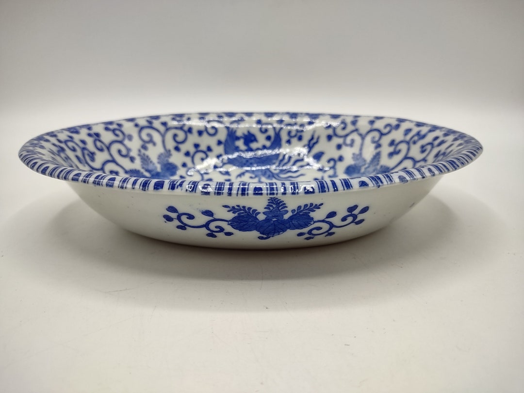 Japanese Phoenix Bird Blue & White 8" Oval Bowl Early Morimura Mark ...