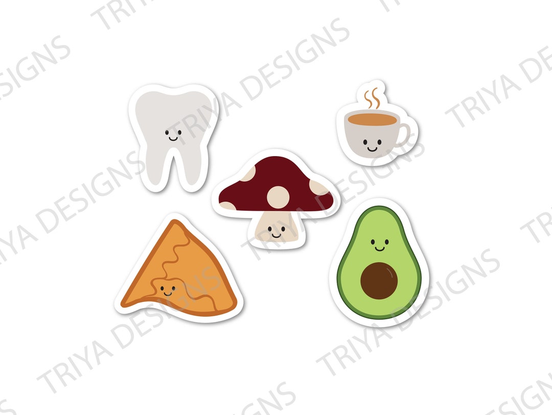 Cute Smiling Stickers Mushroom Sticker, Samosa, Avocado, Chai Tea Cup ...
