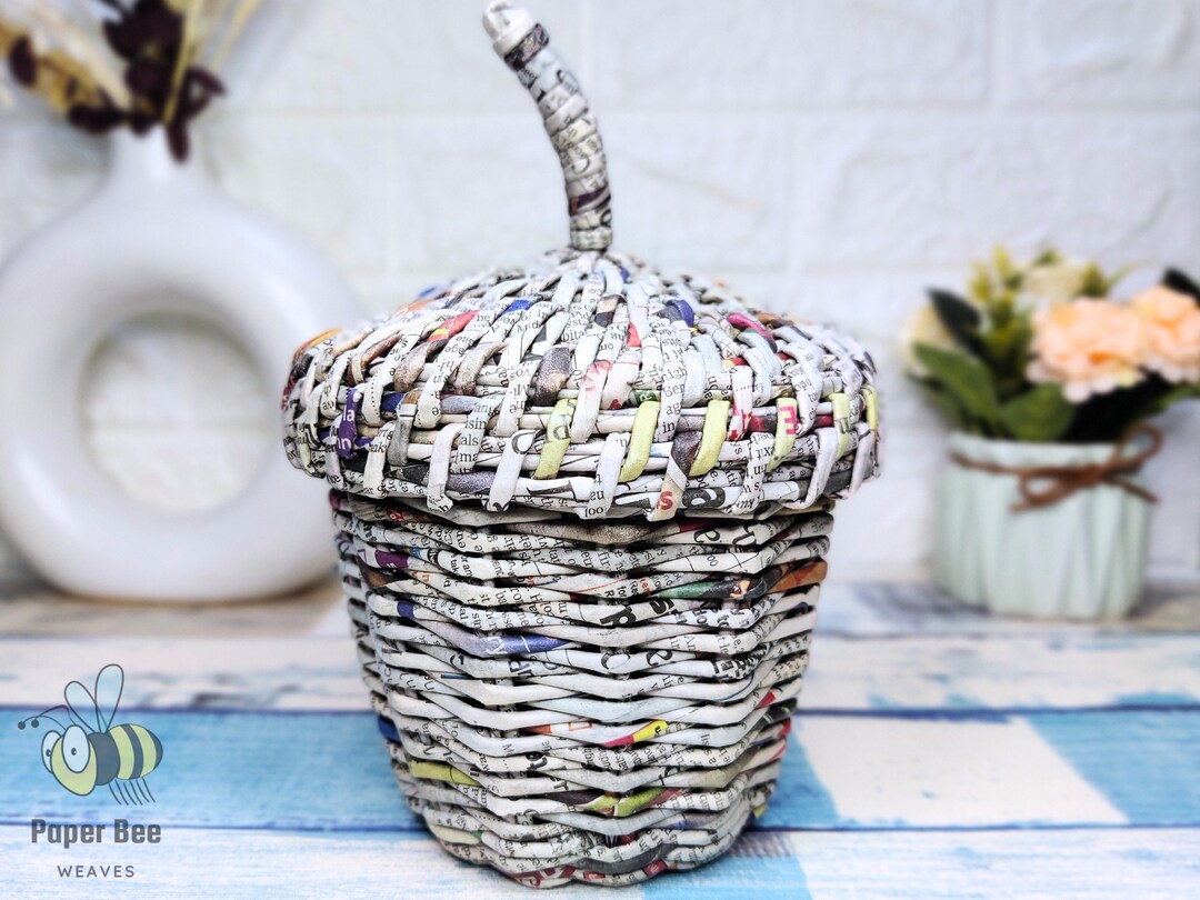Paper Woven Acorn Storage Box With Lid for Home, Handmade Upcycled ...