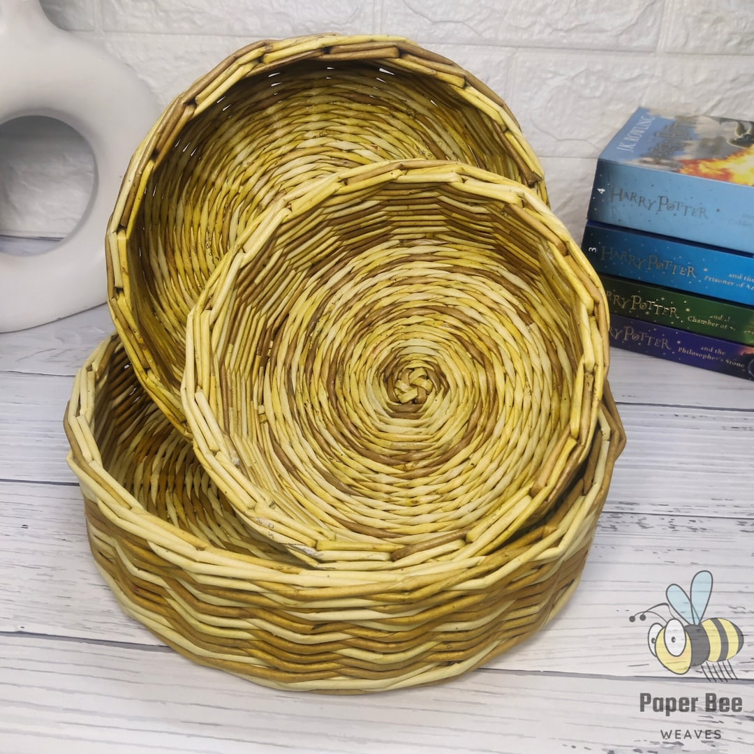 Round Light Brown Paper Wicker Fruit Bowl, 10 Inches Large Size Woven ...