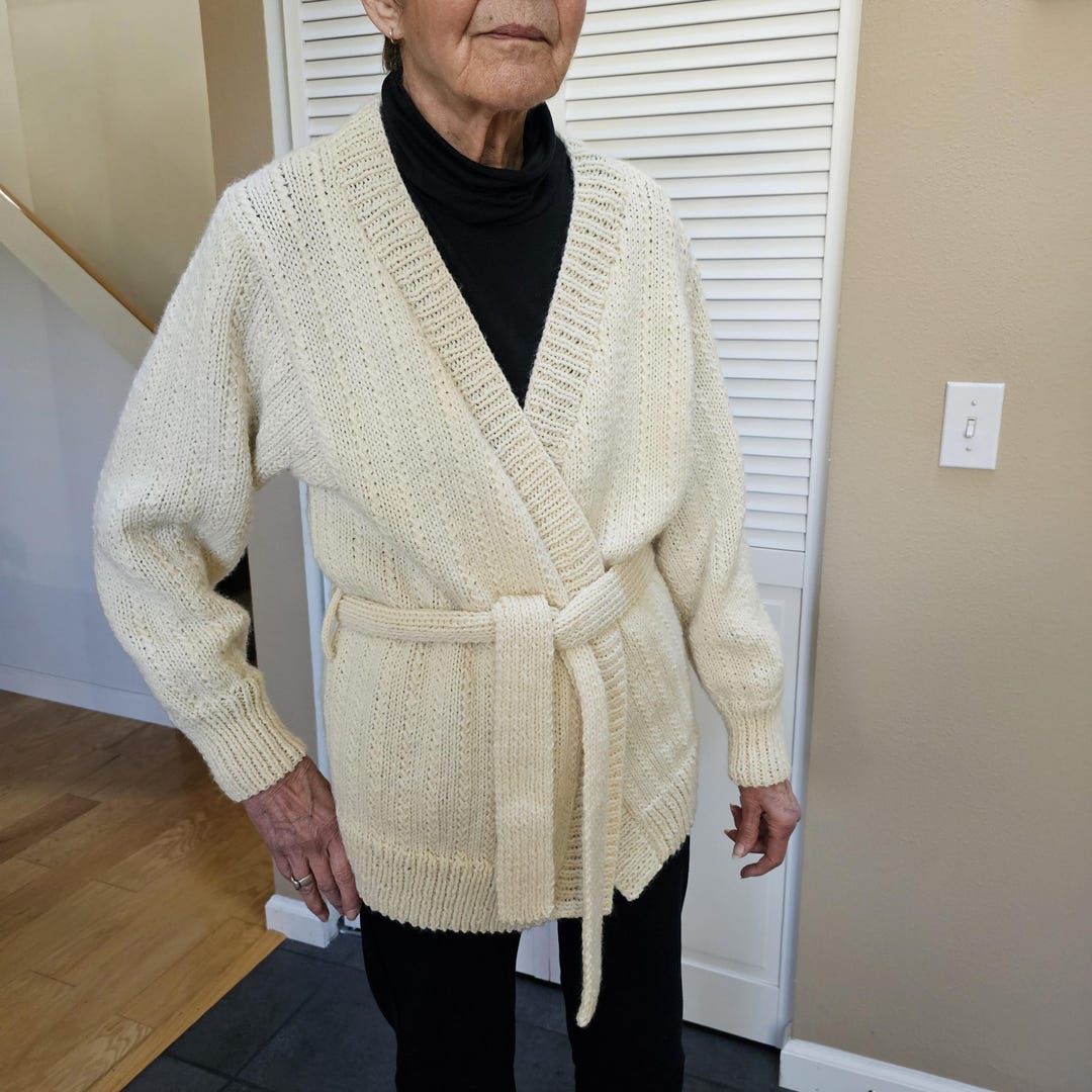 Hand Knit Wrap Around Cardigan Sweater With Tie Belt- Finished Garment ...