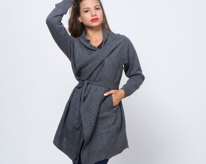 Grey Sweater Open Cardigan Knit Dark Gray Belted Honeycomb Oversized ...