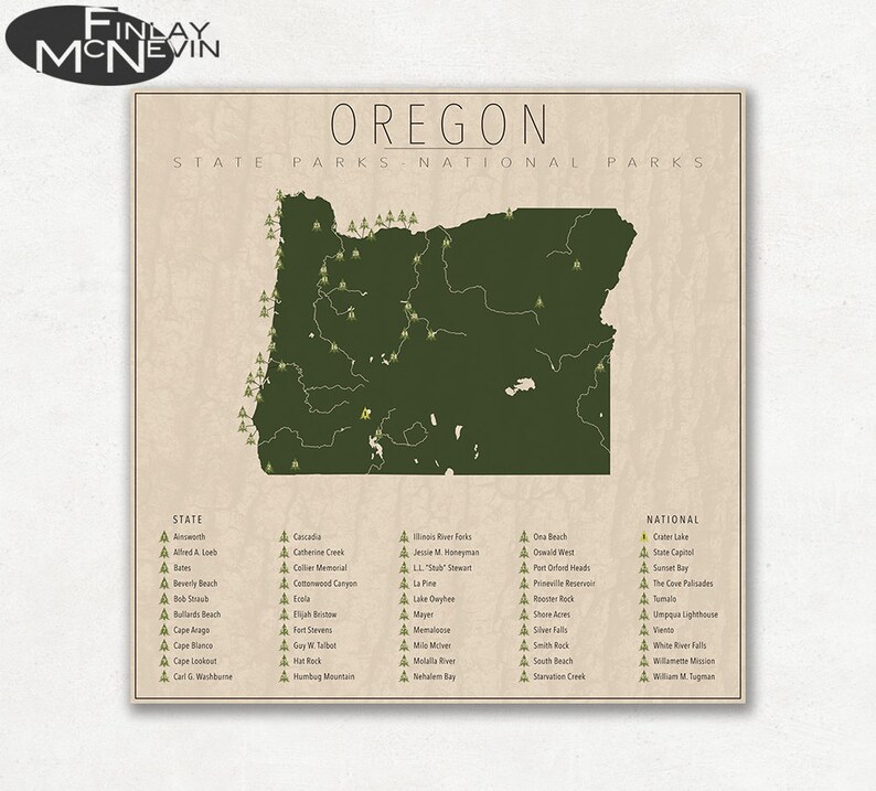 OREGON PARKS National and State Park Map Fine Art | Etsy