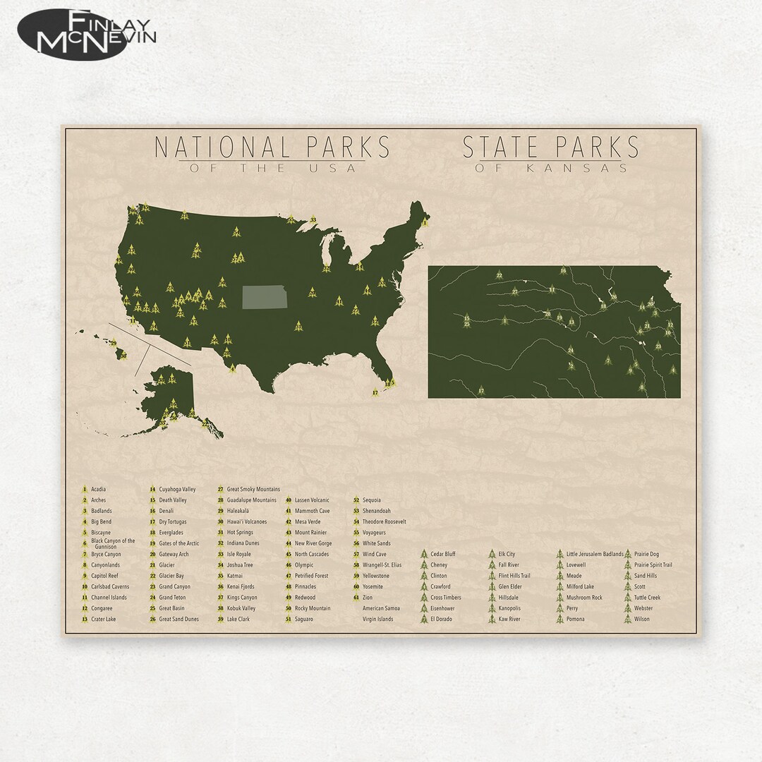 NATIONAL and STATE PARK Map of Kansas and the United States, Fine Art ...