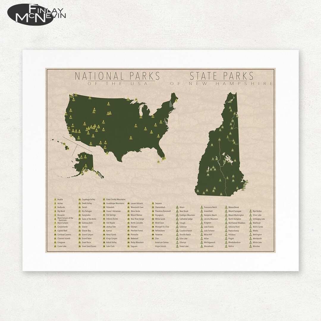 New Hampshire State Parks & U.S. National Parks Map, Giclée Print ...