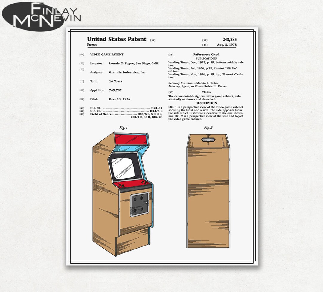 ARCADE GAME PATENT, Vintage Fine Art Print Poster, Colour, Blueprint ...