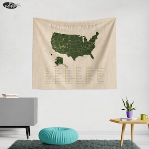 U.S. National Parks Map Tapestry With State Borders - Vintage Wall Art ...