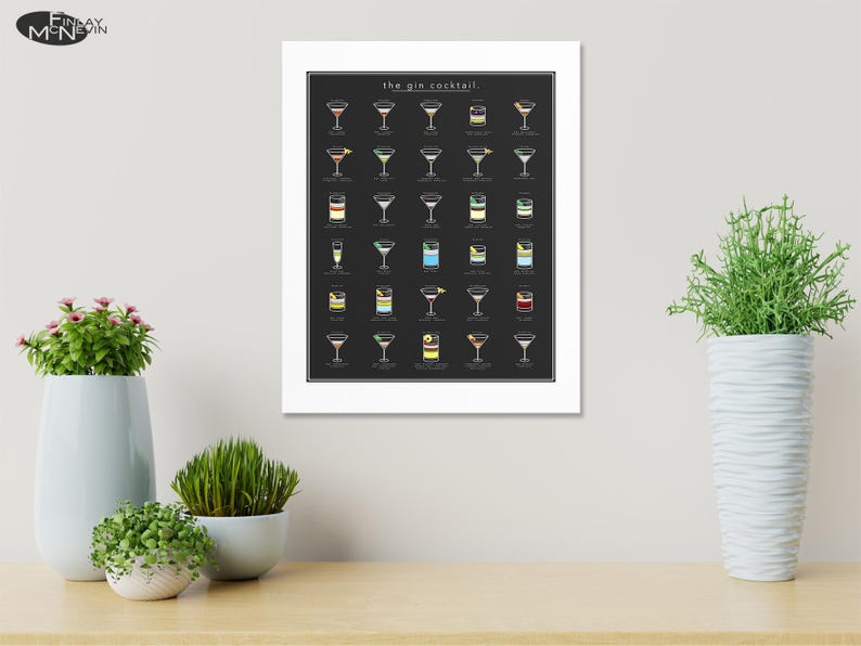 Gin Cocktail Chart Print - Classic Recipes, Unframed Giclee Art Print ...