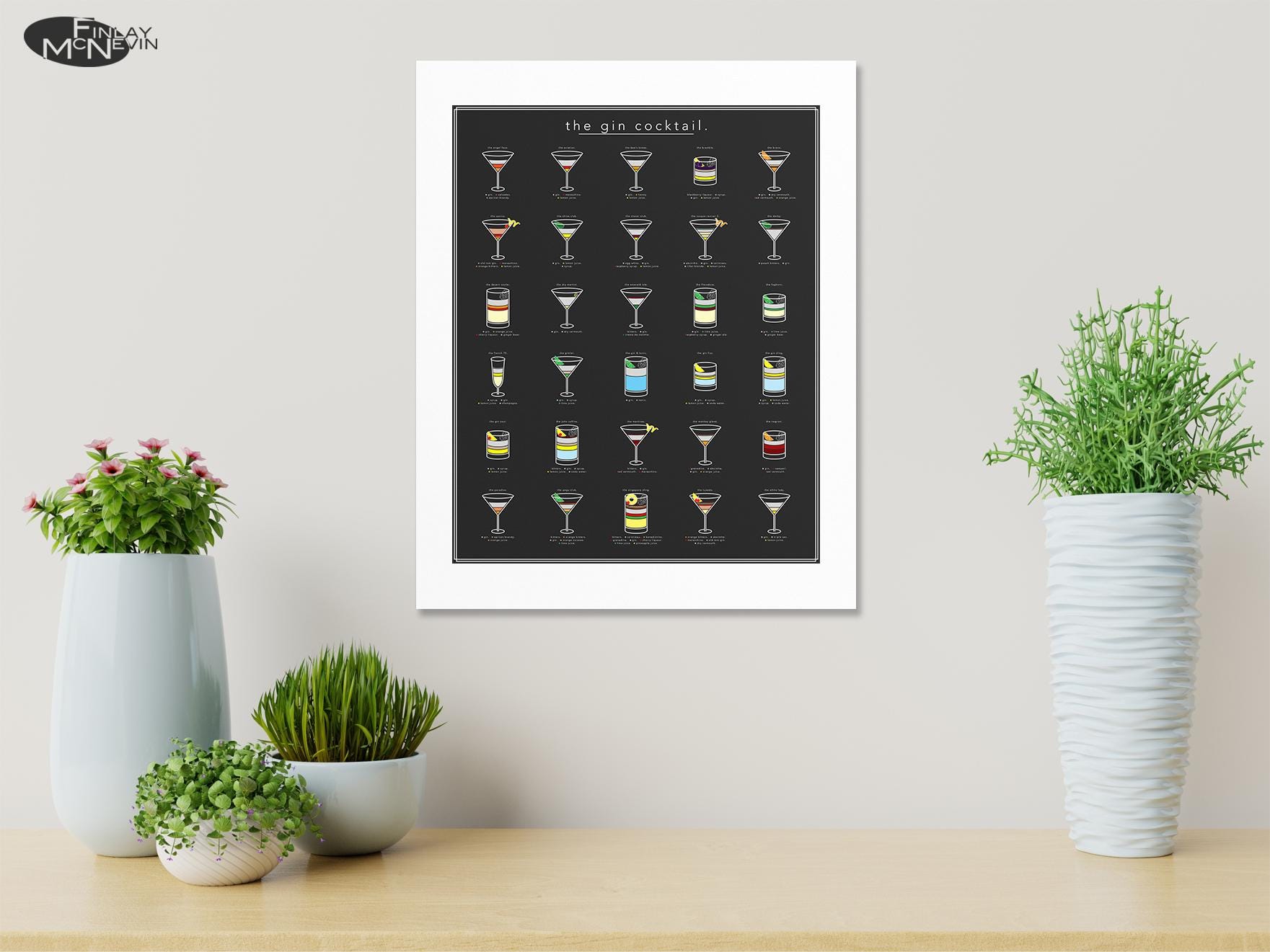 Gin Cocktail Chart Print - Classic Recipes, Unframed Giclee Art Print ...