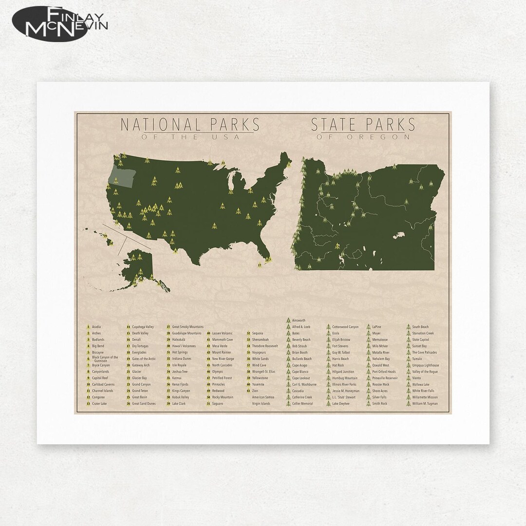 Oregon Parks & U.S. National Parks Map, Giclée Print, Vintage Wall Art ...