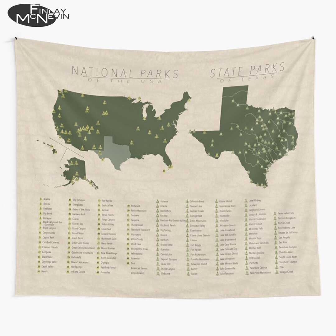 Texas & US National Parks Map Tapestry - State Park Wall Art - Etsy