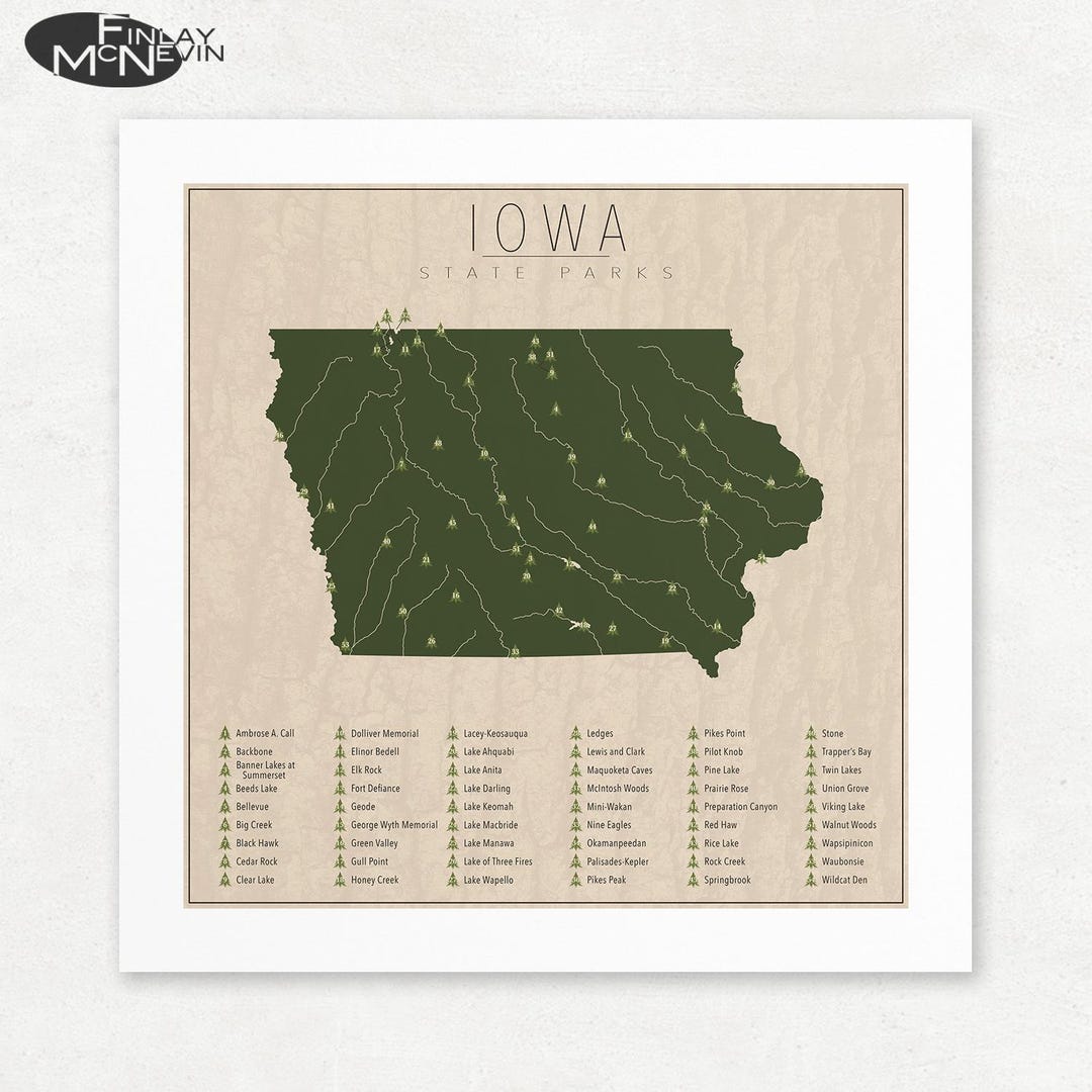 Iowa State Parks Map, Giclée Print, Vintage Wall Art, Unframed, Nature ...