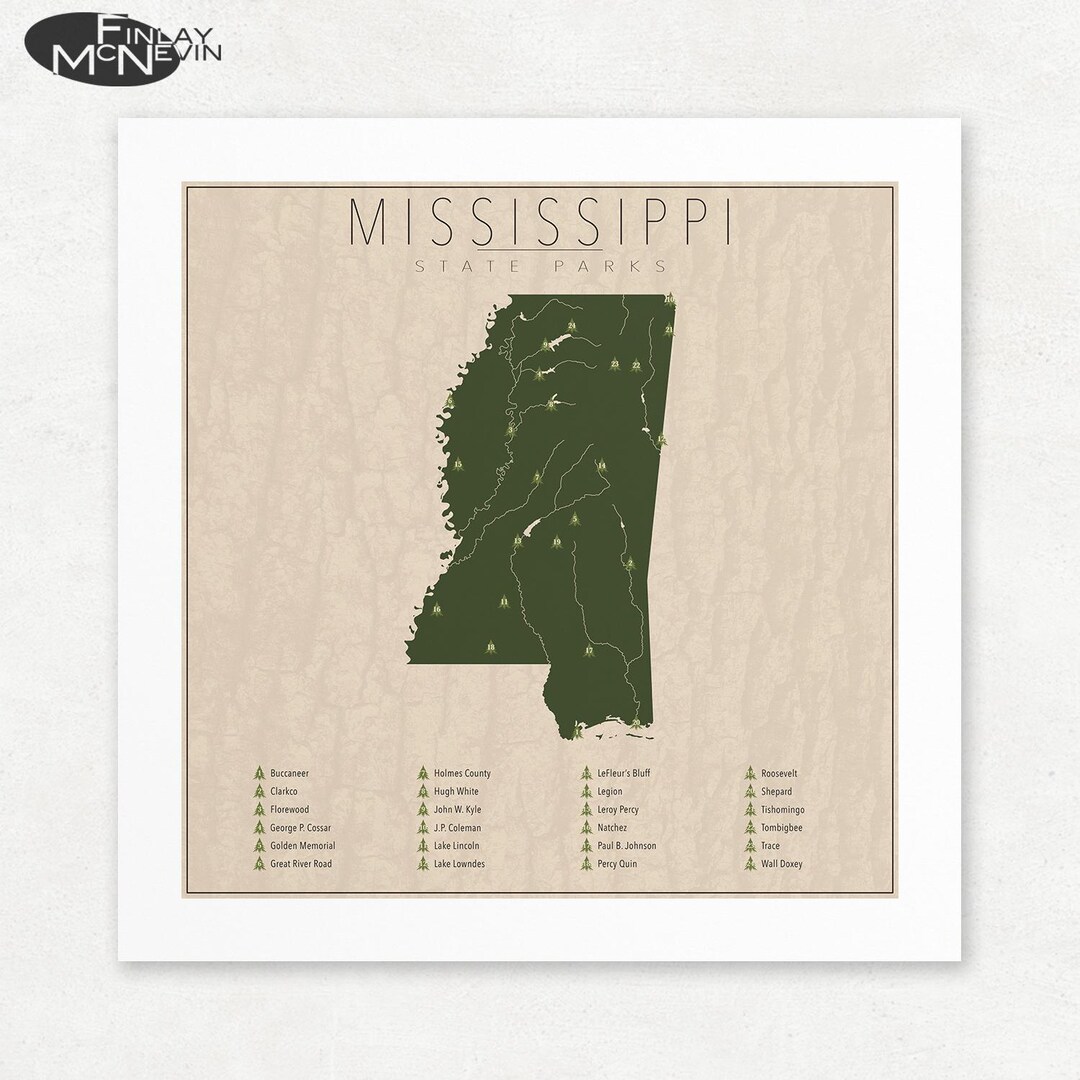 Mississippi State Parks Map, Giclée Print, Vintage Wall Art, Unframed ...