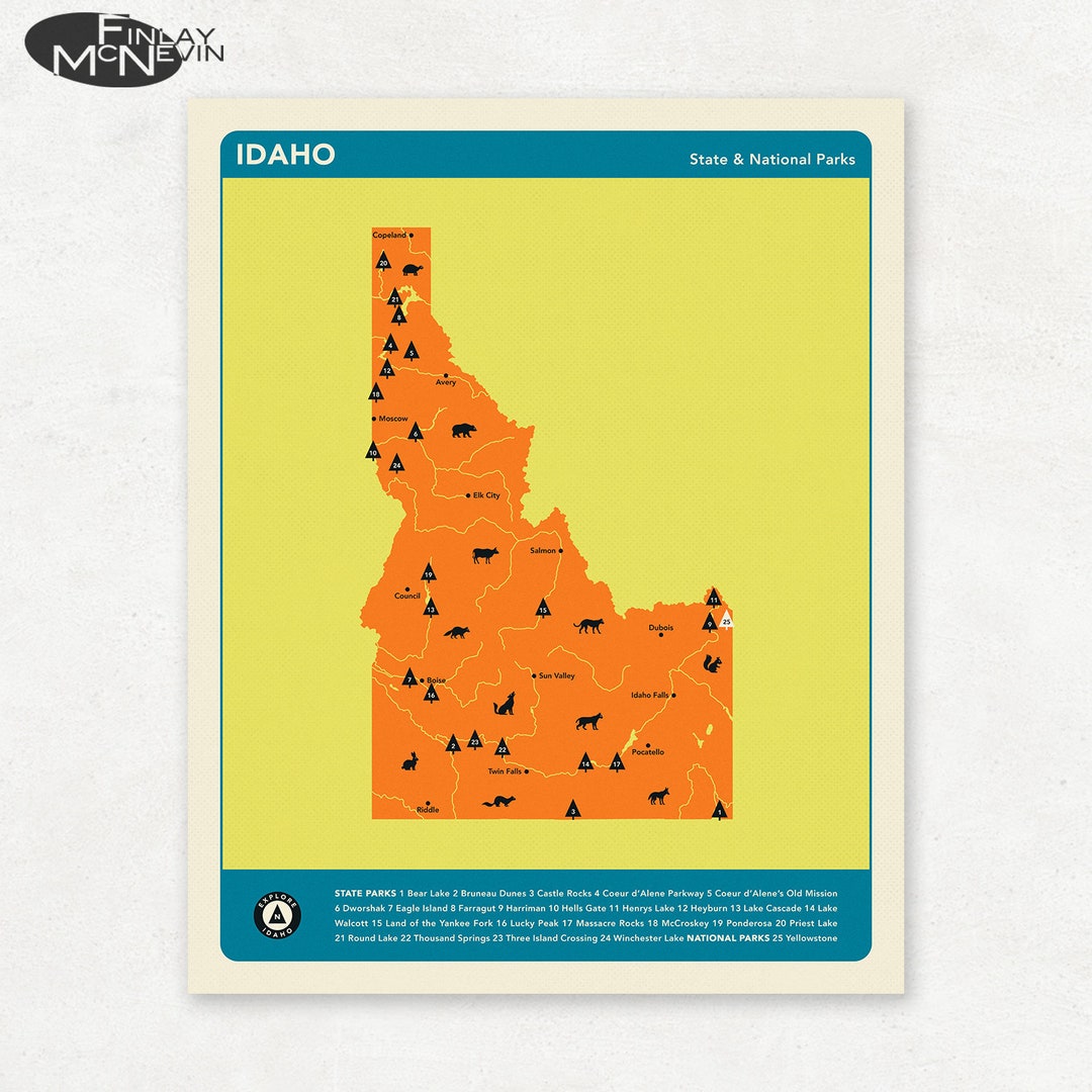 IDAHO PARKS - Orange Version, National and State Park Map, Fine Art ...